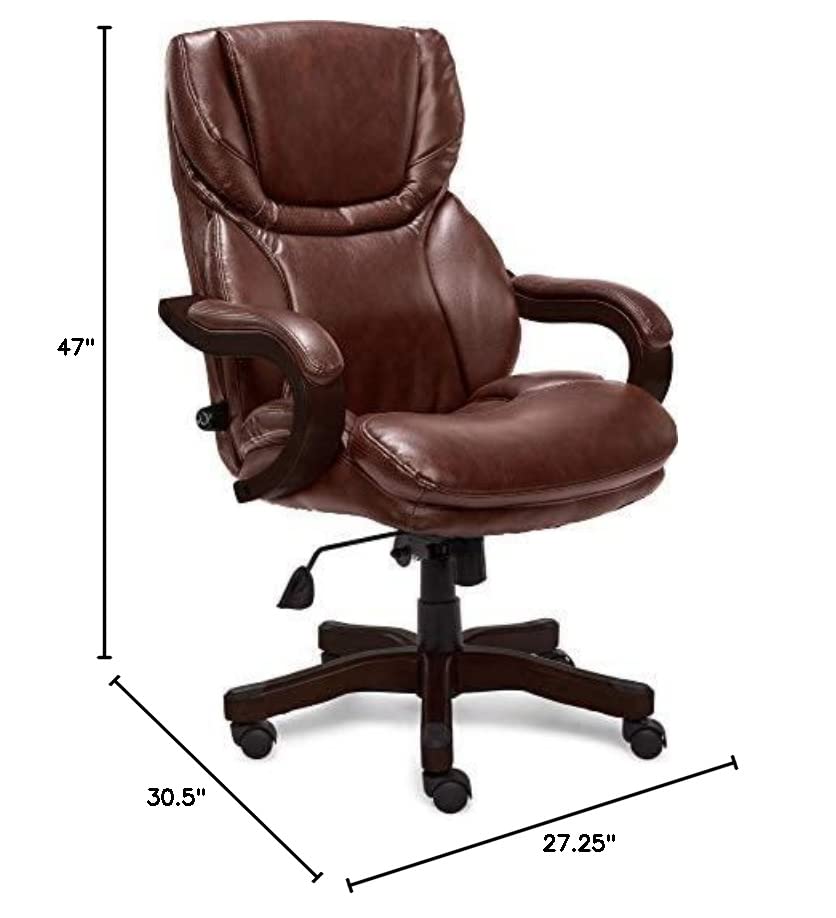 Serta Big and Tall Executive Office Chair with Wood Accents Adjustable High Back Ergonomic Lumbar Support, Bonded Leather, 30.5D x 27.25W x 47H in, Chestnut Brown