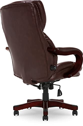 Serta Big and Tall Executive Office Chair with Wood Accents Adjustable High Back Ergonomic Lumbar Support, Bonded Leather, 30.5D x 27.25W x 47H in, Chestnut Brown