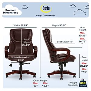 Serta Big and Tall Executive Office Chair with Wood Accents Adjustable High Back Ergonomic Lumbar Support, Bonded Leather, 30.5D x 27.25W x 47H in, Chestnut Brown