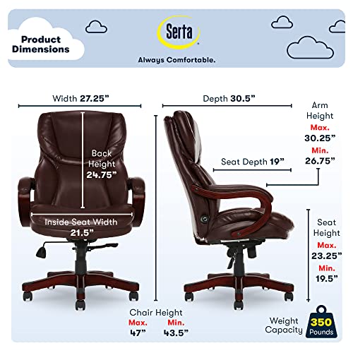 Serta Big and Tall Executive Office Chair with Wood Accents Adjustable High Back Ergonomic Lumbar Support, Bonded Leather, 30.5D x 27.25W x 47H in, Chestnut Brown