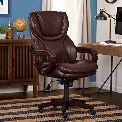 Serta Big and Tall Executive Office Chair with Wood Accents Adjustable High Back Ergonomic Lumbar Support, Bonded Leather, 30.5D x 27.25W x 47H in, Chestnut Brown