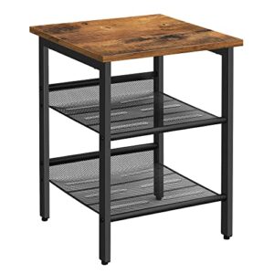 vasagle end table, nightstand with 2 adjustable mesh shelves, industrial side table for living room, stable metal frame, easy assembly, rustic brown and black ulet23x