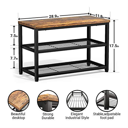 Homfio Shoe Rack, 3 Tier Shoe Rack Bench, Industrial Shoe Storage Organizer, Entry Bench, 3-Tier Metal Shoe Rack Shelves with MDF Top Board, Entryway Table for Hallway, Living Room, Closet, Bedroom