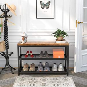 Homfio Shoe Rack, 3 Tier Shoe Rack Bench, Industrial Shoe Storage Organizer, Entry Bench, 3-Tier Metal Shoe Rack Shelves with MDF Top Board, Entryway Table for Hallway, Living Room, Closet, Bedroom