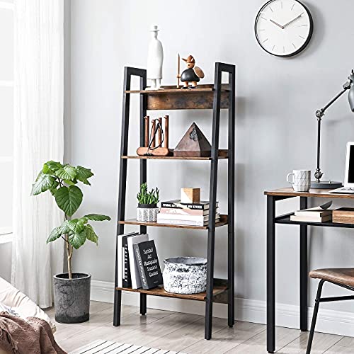 VASAGLE Ladder Shelf, 4-Tier Home Office Bookshelf, Freestanding Storage Shelves, for Living Room Bedroom Kitchen, Metal Frame, Simple Assembly, Industrial, Rustic Brown and Black ULLS054X01