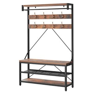 Amyove Large Coat Rack Shoe Bench, 4-in-1 Hall Tree Shoe Rack for Entryway, 3-Tier Storage Shelf and Hooks Removable, Industrial Accent Furniture with Heavy Duty Steel Frame 39.9"x15.7"x72"