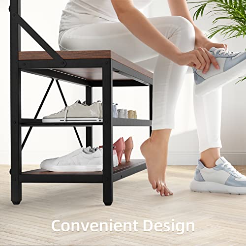 Amyove Large Coat Rack Shoe Bench, 4-in-1 Hall Tree Shoe Rack for Entryway, 3-Tier Storage Shelf and Hooks Removable, Industrial Accent Furniture with Heavy Duty Steel Frame 39.9"x15.7"x72"