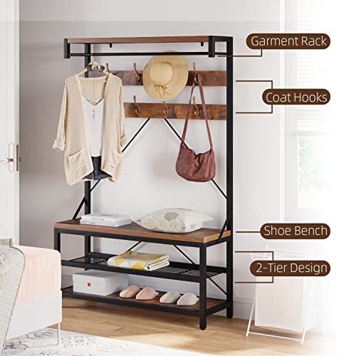 Amyove Large Coat Rack Shoe Bench, 4-in-1 Hall Tree Shoe Rack for Entryway, 3-Tier Storage Shelf and Hooks Removable, Industrial Accent Furniture with Heavy Duty Steel Frame 39.9"x15.7"x72"