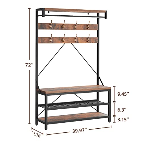 Amyove Large Coat Rack Shoe Bench, 4-in-1 Hall Tree Shoe Rack for Entryway, 3-Tier Storage Shelf and Hooks Removable, Industrial Accent Furniture with Heavy Duty Steel Frame 39.9"x15.7"x72"