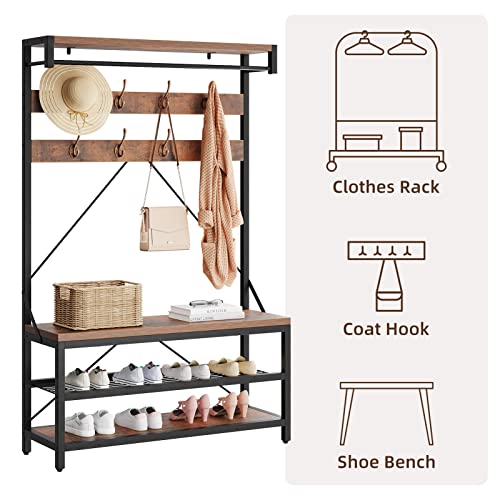 Amyove Large Coat Rack Shoe Bench, 4-in-1 Hall Tree Shoe Rack for Entryway, 3-Tier Storage Shelf and Hooks Removable, Industrial Accent Furniture with Heavy Duty Steel Frame 39.9"x15.7"x72"