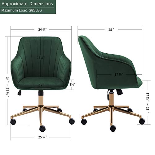 Duhome Velvet Desk Chair with Wheels, Gold Desk Chair Adjustable Swivel Home Office Chair for Office Living Room Bedroom, Dark Green