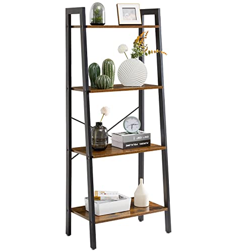 YMYNY Industrial Ladder Shelves, 4-Tier Bookcase and Bookshelf, Storage Rack with Metal Frame, Standing Organizer Shelf for Bathroom,Living Room,Office, 23.6 x14 x58.5 inch,Rustic Brown,HD-UHTMJ014H