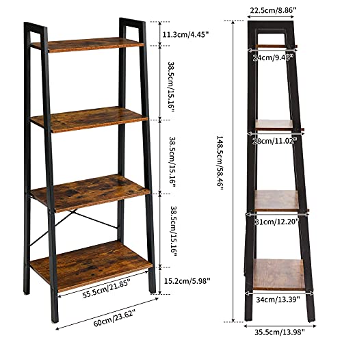 YMYNY Industrial Ladder Shelves, 4-Tier Bookcase and Bookshelf, Storage Rack with Metal Frame, Standing Organizer Shelf for Bathroom,Living Room,Office, 23.6 x14 x58.5 inch,Rustic Brown,HD-UHTMJ014H