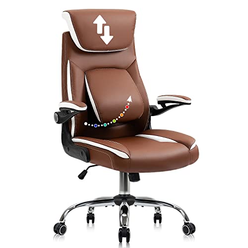 YAMASORO Home Office Chair, Ergonomic High Back Computer Desk Chair with Lumbar Back Support, Adjustable Executive Leather Chair with Arms and Headrest (Brown)