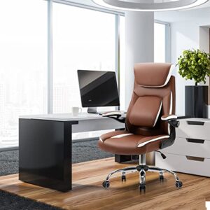 YAMASORO Home Office Chair, Ergonomic High Back Computer Desk Chair with Lumbar Back Support, Adjustable Executive Leather Chair with Arms and Headrest (Brown)