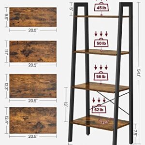 VASAGLE Ladder Shelf, 4-Tier Bookshelf, Storage Rack, Bookcase with Steel Frame, for Living Room, Home Office, Kitchen, Bedroom, Industrial Style, Rustic Brown and Black ULLS44X