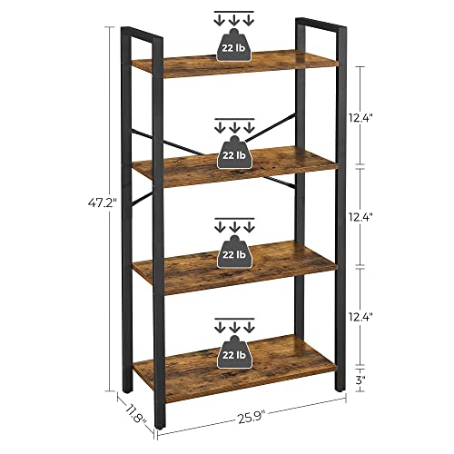 VASAGLE Bookshelf, 4-Tier Shelving Unit, Bookcase, Book Shelf, 11.8 x 25.9 x 47.2 Inches, Rustic Brown + Black