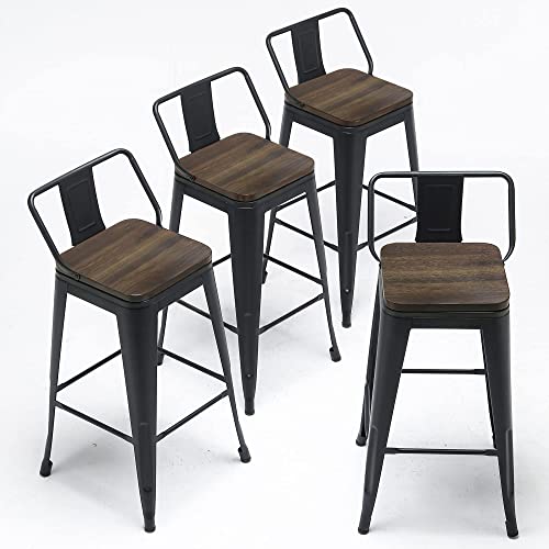 Andeworld Metal Bar Stools Set of 4 Kitchen Counter Stools Bristro Barstools Industrial Bar Stools (26 Inch, Black with Wooden Seats)