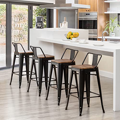 Andeworld Metal Bar Stools Set of 4 Kitchen Counter Stools Bristro Barstools Industrial Bar Stools (26 Inch, Black with Wooden Seats)