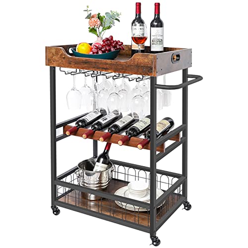 X-cosrack Bar Cart with Wine Rack,Mobile Kitchen Serving Cart with Storage and Glass Holder,Removable Wood Tray, Industrial Wine Cart on Wheels with Handle,Rustic Brown