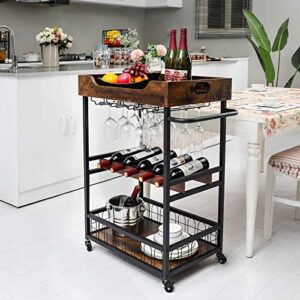 X-cosrack Bar Cart with Wine Rack,Mobile Kitchen Serving Cart with Storage and Glass Holder,Removable Wood Tray, Industrial Wine Cart on Wheels with Handle,Rustic Brown