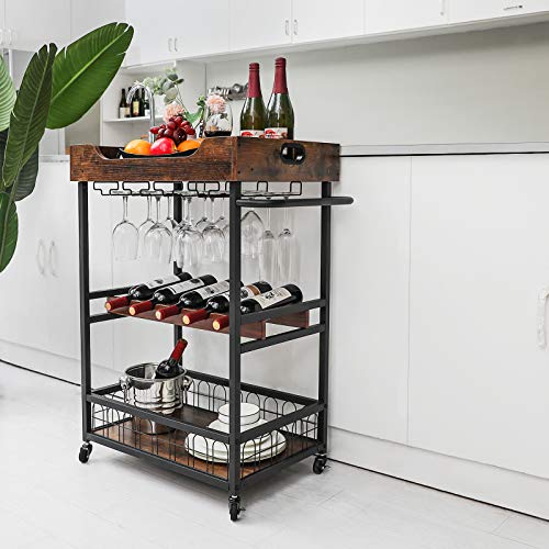 X-cosrack Bar Cart with Wine Rack,Mobile Kitchen Serving Cart with Storage and Glass Holder,Removable Wood Tray, Industrial Wine Cart on Wheels with Handle,Rustic Brown