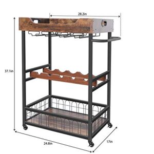 X-cosrack Bar Cart with Wine Rack,Mobile Kitchen Serving Cart with Storage and Glass Holder,Removable Wood Tray, Industrial Wine Cart on Wheels with Handle,Rustic Brown