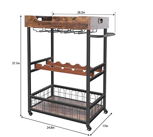 X-cosrack Bar Cart with Wine Rack,Mobile Kitchen Serving Cart with Storage and Glass Holder,Removable Wood Tray, Industrial Wine Cart on Wheels with Handle,Rustic Brown