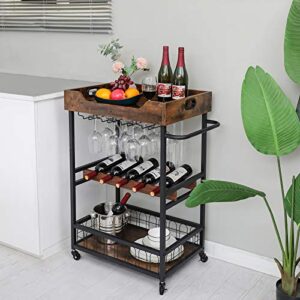 X-cosrack Bar Cart with Wine Rack,Mobile Kitchen Serving Cart with Storage and Glass Holder,Removable Wood Tray, Industrial Wine Cart on Wheels with Handle,Rustic Brown