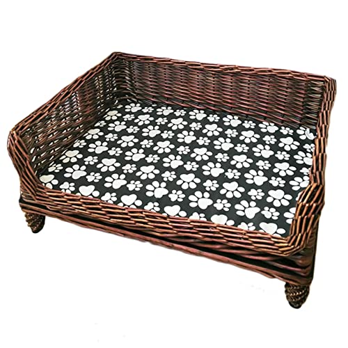 Elevated Dog Bed Cats Cot Brown Willow Rattan, Large/Medium/Small Pet Bed for Rabbits, with Cushion Pad (Size : L 120 x W 70 cm)