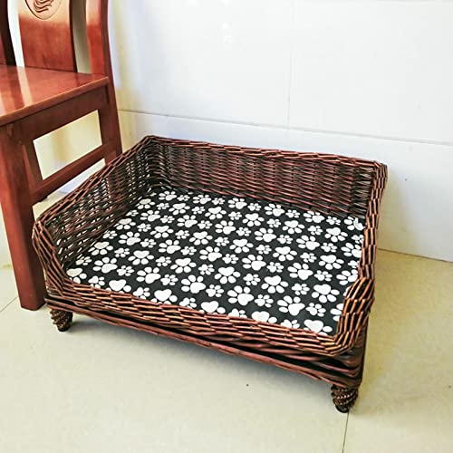 Elevated Dog Bed Cats Cot Brown Willow Rattan, Large/Medium/Small Pet Bed for Rabbits, with Cushion Pad (Size : L 120 x W 70 cm)