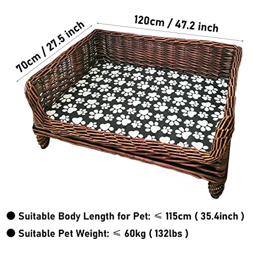 Elevated Dog Bed Cats Cot Brown Willow Rattan, Large/Medium/Small Pet Bed for Rabbits, with Cushion Pad (Size : L 120 x W 70 cm)