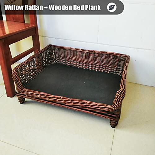 Elevated Dog Bed Cats Cot Brown Willow Rattan, Large/Medium/Small Pet Bed for Rabbits, with Cushion Pad (Size : L 120 x W 70 cm)