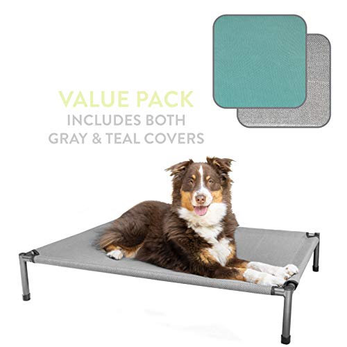 Hyper Pet's Raised Rest Deluxe Elevated Dog Bed (Outdoor Dog Bed-Great Raised Dog Bed, Small Dog Bed- Medium Dog Bed) [Value Pack 1 Frame-2 Covers Gray/Teal] 30"x20'x6.99"