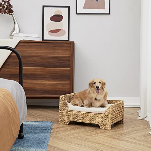 Teamson Pets Cat or Small Dog Raised Daybed Lounger Wicker Seagrass with Removable and Washable Cushion, 21" Long, Tan/Cream, ST-N10002, Beige, One Size