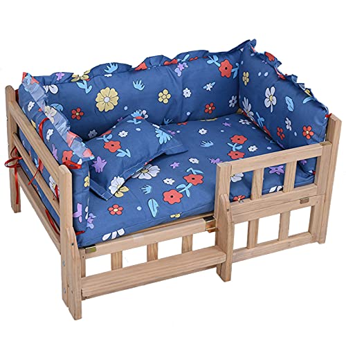 Dog Bed Blue Floral Raised, Wooden Eevated Pet cot Couch with Fenced & Stairs, for Arthritis Dogs/Senior Cats (Size : 112cmX64cm)