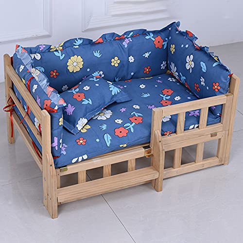 Dog Bed Blue Floral Raised, Wooden Eevated Pet cot Couch with Fenced & Stairs, for Arthritis Dogs/Senior Cats (Size : 112cmX64cm)