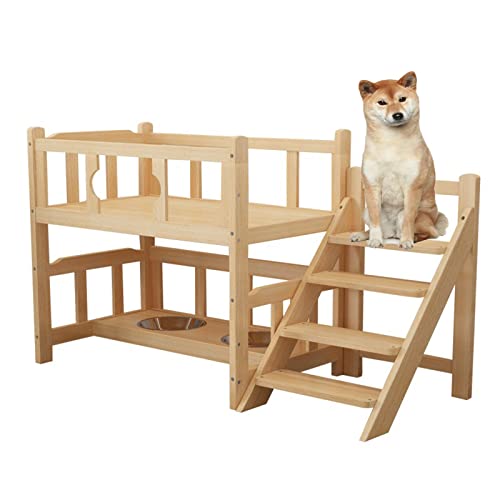 Pet Bed American Wooden Dog Bed Frame, 2-Layer Large Pet Bed, Raised Indoor Pet Furniture, with Stairs + Guardrail(Size:XL（90x55x70cm）)