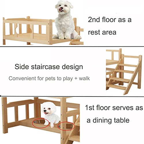 Pet Bed American Wooden Dog Bed Frame, 2-Layer Large Pet Bed, Raised Indoor Pet Furniture, with Stairs + Guardrail(Size:XL（90x55x70cm）)