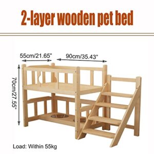 Pet Bed American Wooden Dog Bed Frame, 2-Layer Large Pet Bed, Raised Indoor Pet Furniture, with Stairs + Guardrail(Size:XL（90x55x70cm）)