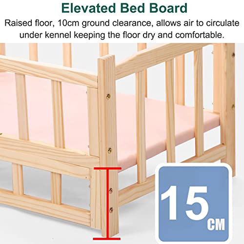 HYDT Double-Layer Wooden Pet Dog Bed with Bedding, All Seasons Elevated Pet Cot with Stairs & Guardrail, for Small Medium Dogs Cats