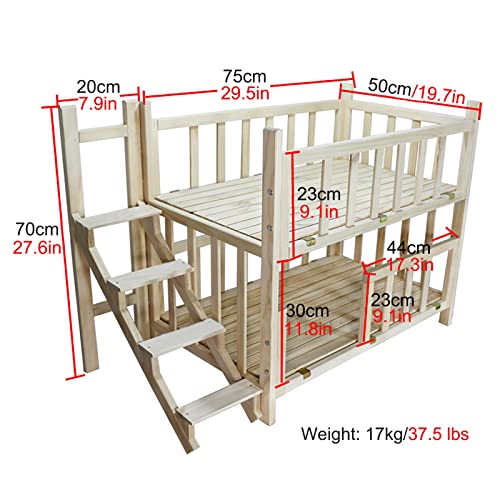 HYDT Double-Layer Wooden Pet Dog Bed with Bedding, All Seasons Elevated Pet Cot with Stairs & Guardrail, for Small Medium Dogs Cats