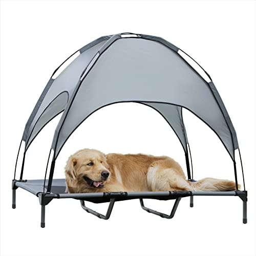 Hooyeatlin Outdoor Dog Bed with Canopy - Elevated Dog Bed Portable for Cooling Raised Pet Cot with Removable Cover Gray (L Size)