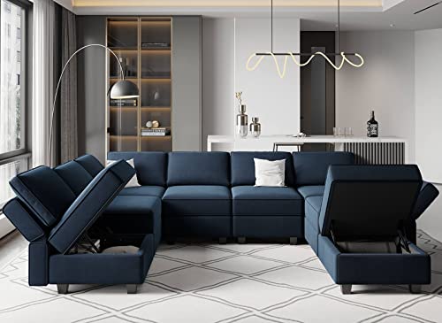 Belffin Modular Velvet Sectional Sofa with Storage Seat Oversized U Shaped Couch with Reversible Chaise Sofa Set with Ottoman Blue