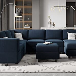 Belffin Modular Velvet Sectional Sofa with Storage Seat Oversized U Shaped Couch with Reversible Chaise Sofa Set with Ottoman Blue