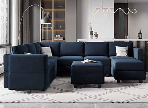 Belffin Modular Velvet Sectional Sofa with Storage Seat Oversized U Shaped Couch with Reversible Chaise Sofa Set with Ottoman Blue