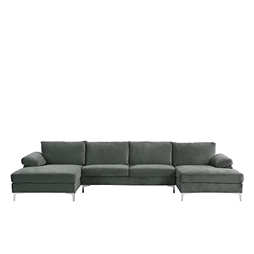 Casa Andrea Milano Modern Large Velvet Fabric U-Shape Sectional Sofa, Double Extra Wide Chaise Lounge Couch, Fossil