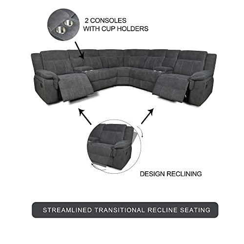 Manual Reclining Sectional Sofa Set Premium Fabric Recliner Corner Sectional Couch with Console & Cup Holders for Living Room…