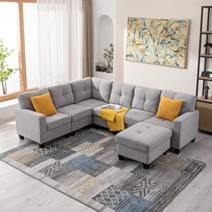 Convertible Sectional Sofa with Storage Ottoman 6 Seater L-Shaped Modular Modern Velvet Corner Couch for Living Room Apartment Office (Light Grey