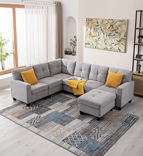 Convertible Sectional Sofa with Storage Ottoman 6 Seater L-Shaped Modular Modern Velvet Corner Couch for Living Room Apartment Office (Light Grey